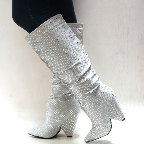 Shoes | Silver Rhinestone Pointy Toe Heel Knee High Boots | Poshmark